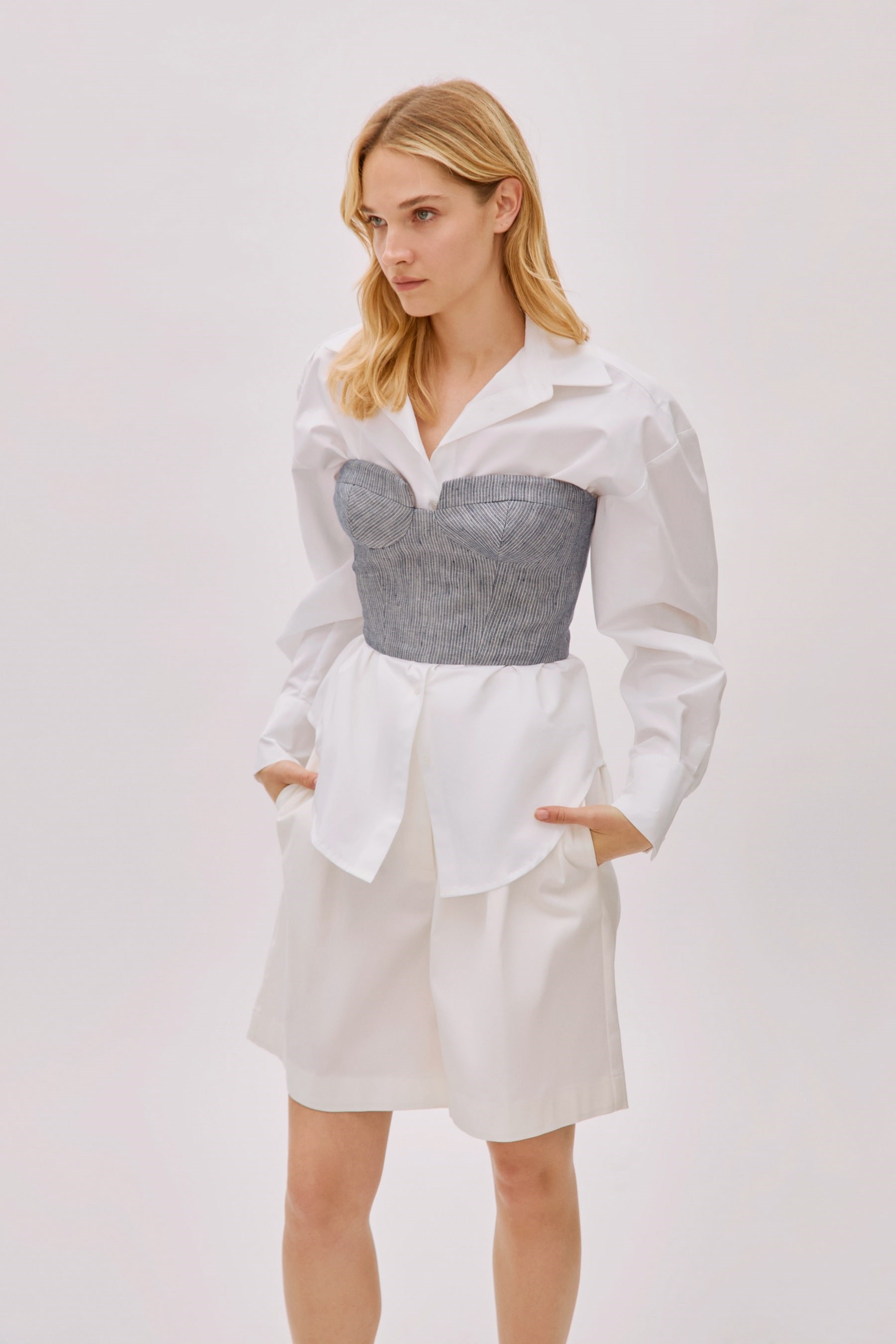 Storm Blue Striped Linen-Blend Bustier Top - Labeca London