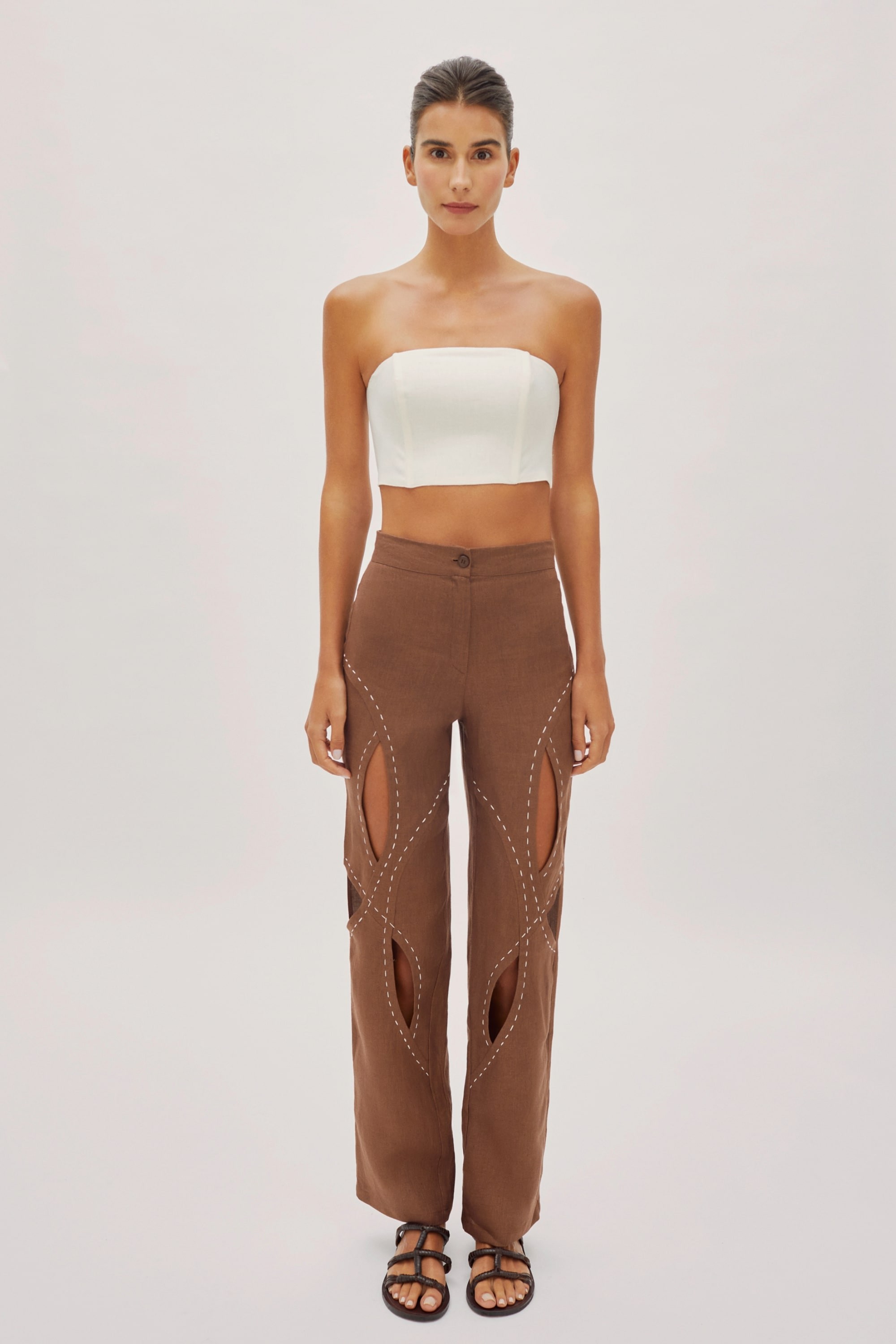 Asher Cappuccino Linen Cut Out Contrast Stitch Pants - Labeca London