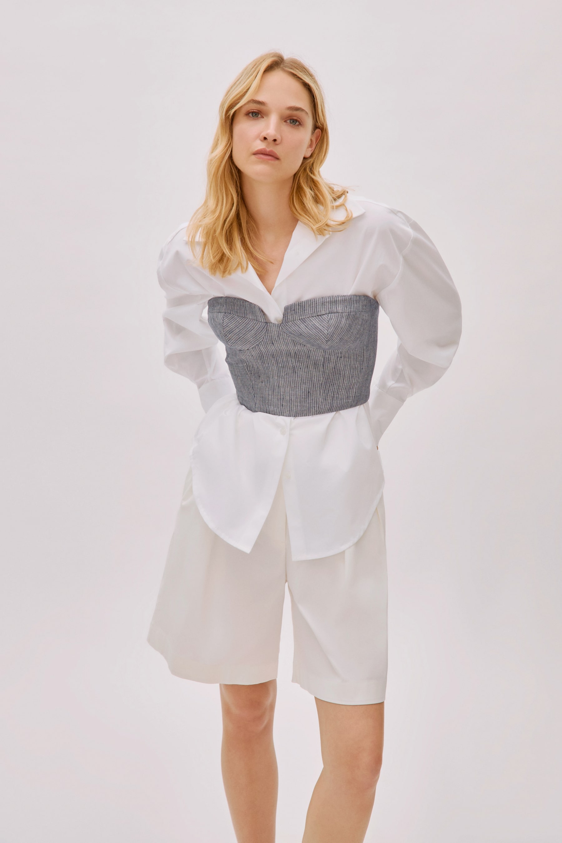 Storm Blue Striped Linen-Blend Bustier Top - Labeca London