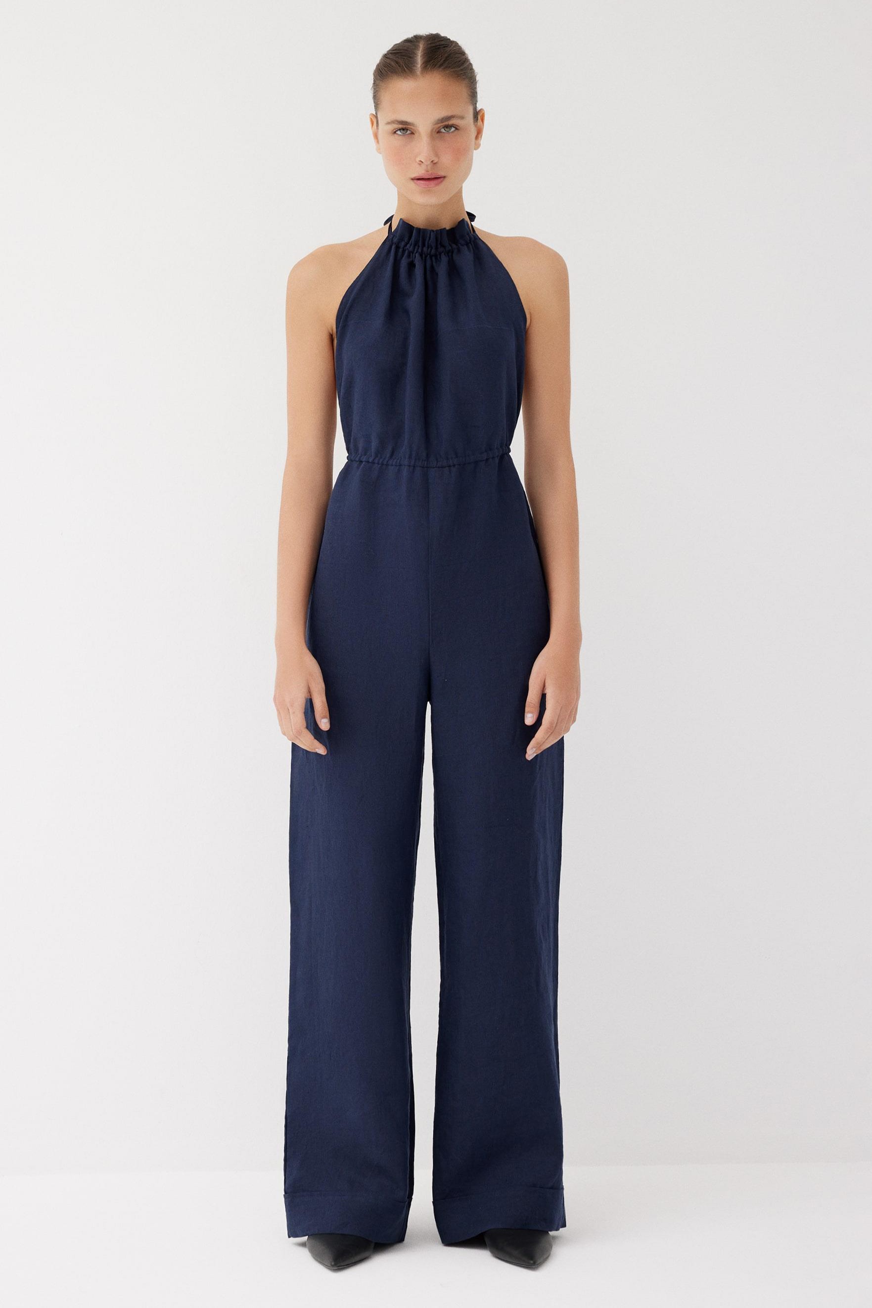 Maya Navy Linen Open Back Jumpsuit | Labeca London - Labeca London